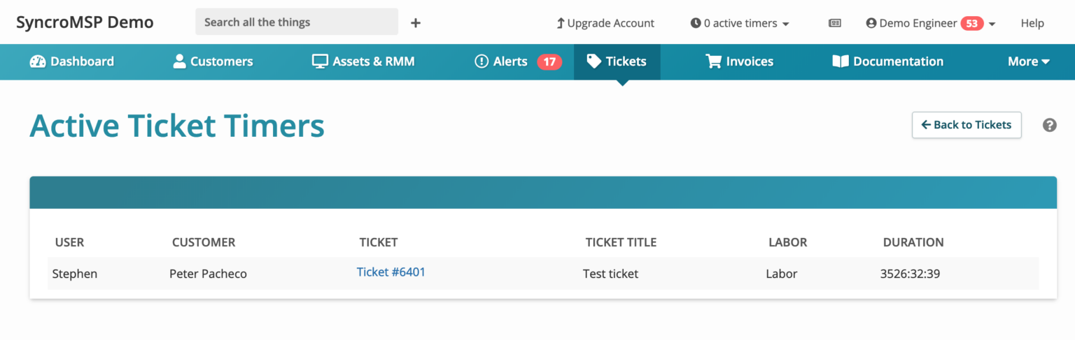 View Full List of Actively Running Ticket Timers | Syncro