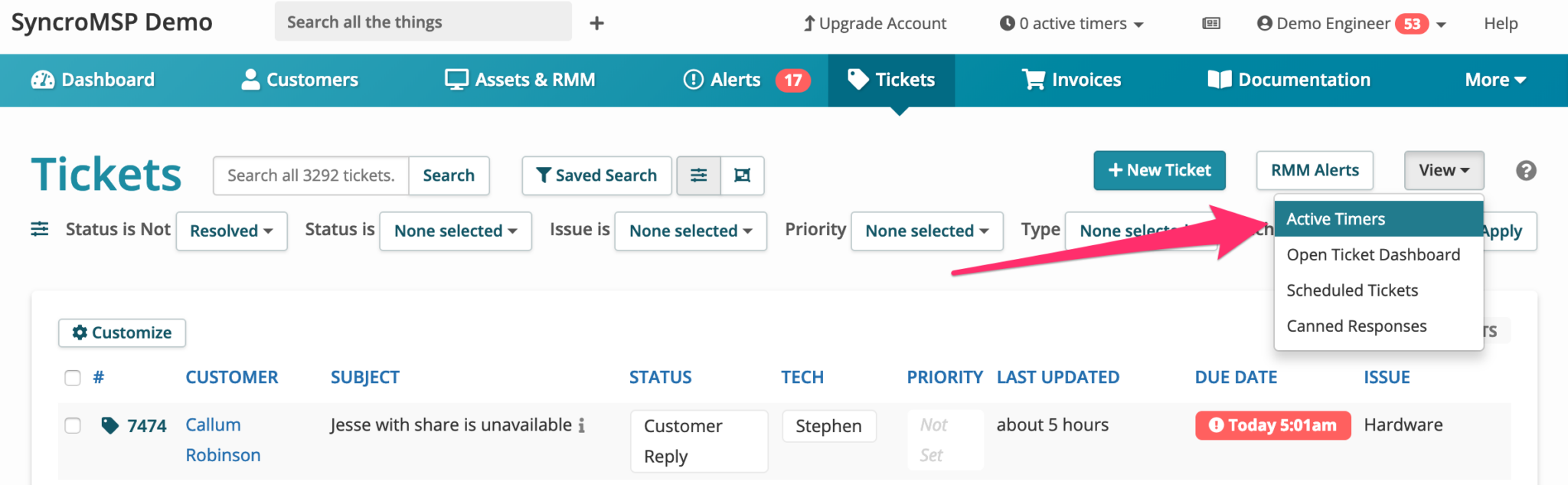 View Full List of Actively Running Ticket Timers | Syncro